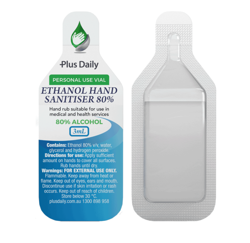 80% Alcohol based hand sanitisers 3mL single vials – Plus Daily Ltd